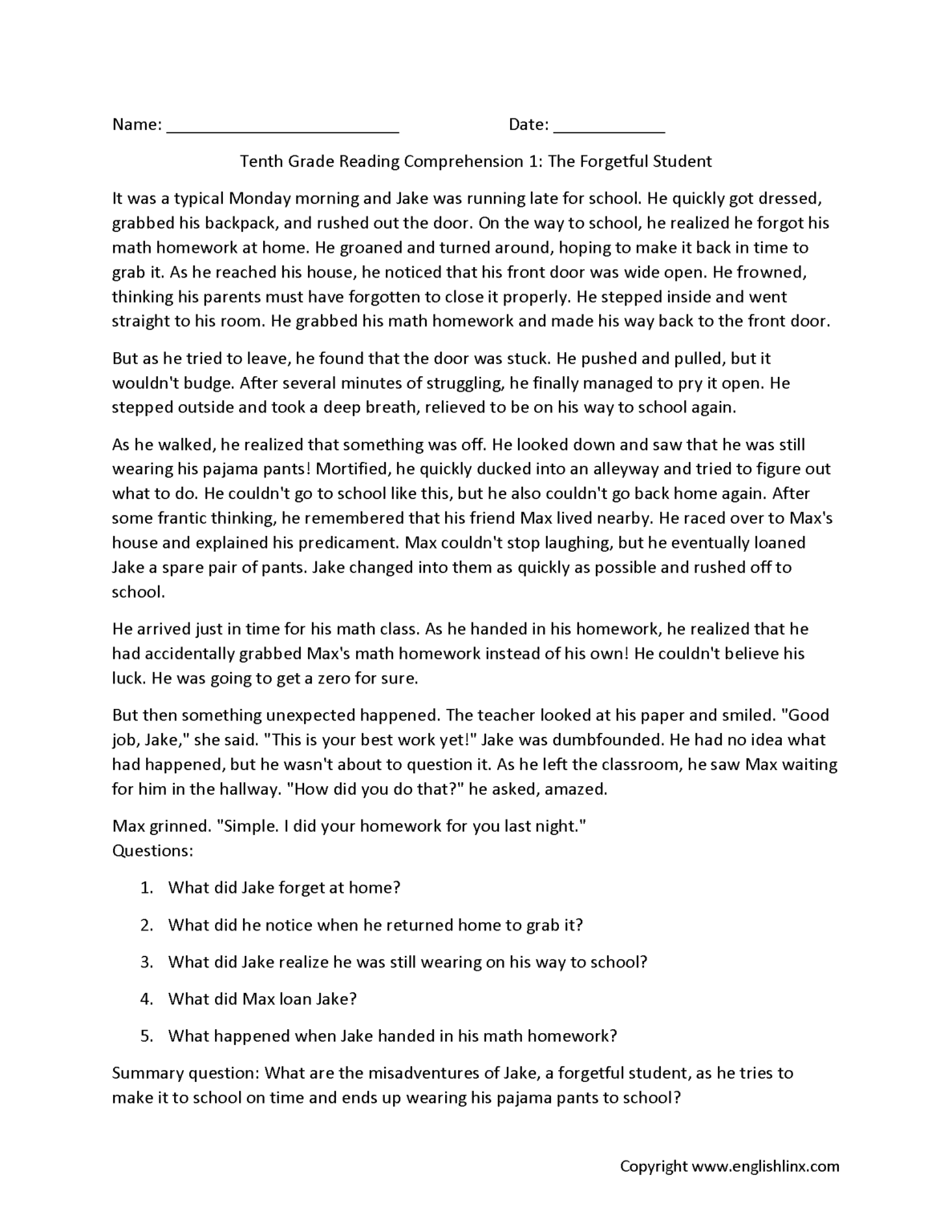 Reading Comprehension Worksheets 10th Grade Pdf - Reading Comprehension ...