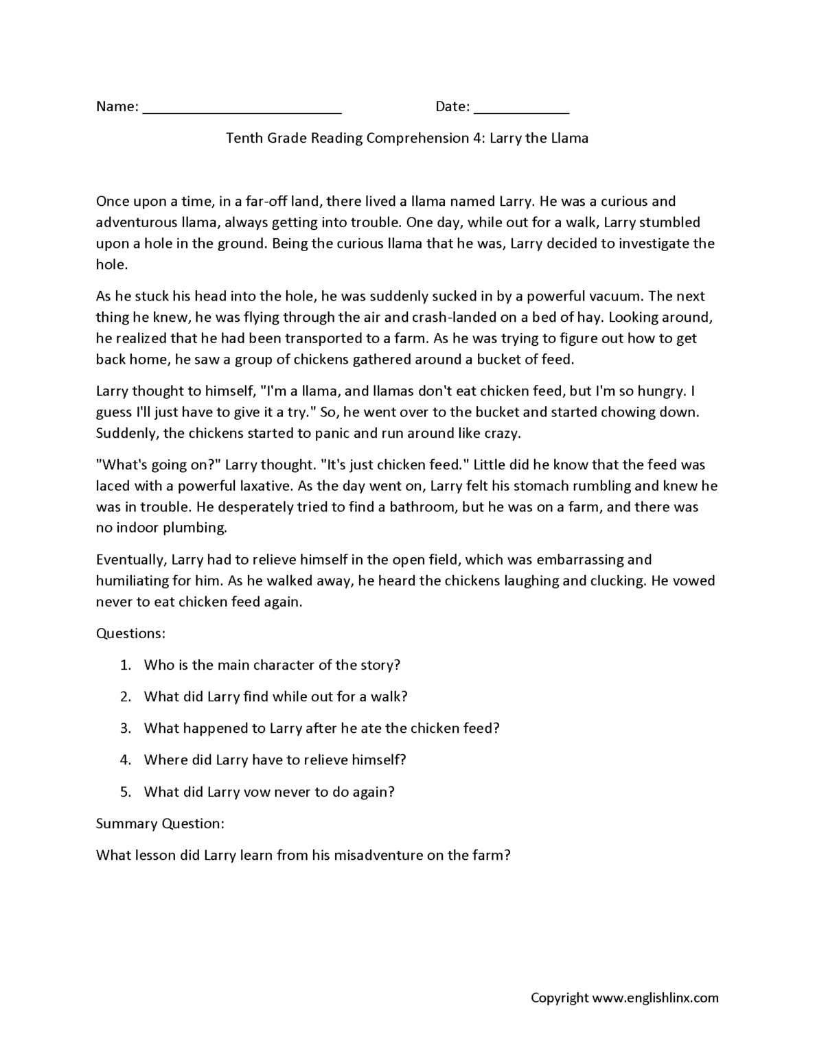 Reading Comprehension Worksheets Grade 10 Pdf - Reading Comprehension ...