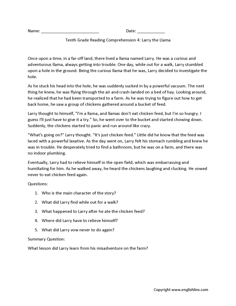 Reading Comprehension Grade 10 Worksheets - Reading Comprehension ...