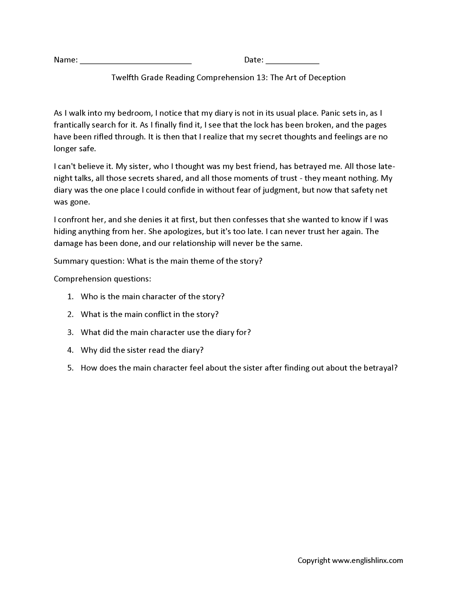 Reading Comprehension Grade 12 Worksheet - Reading Comprehension Worksheets