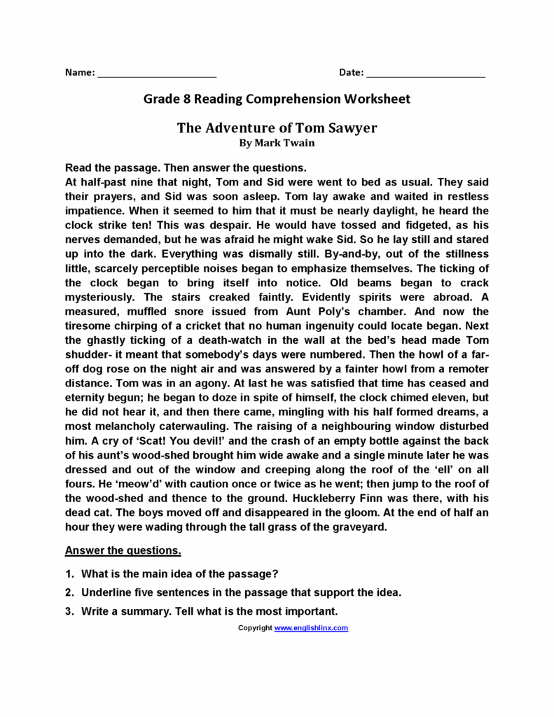 Reading Comprehension 8th Grade Reading Worksheets - Reading ...
