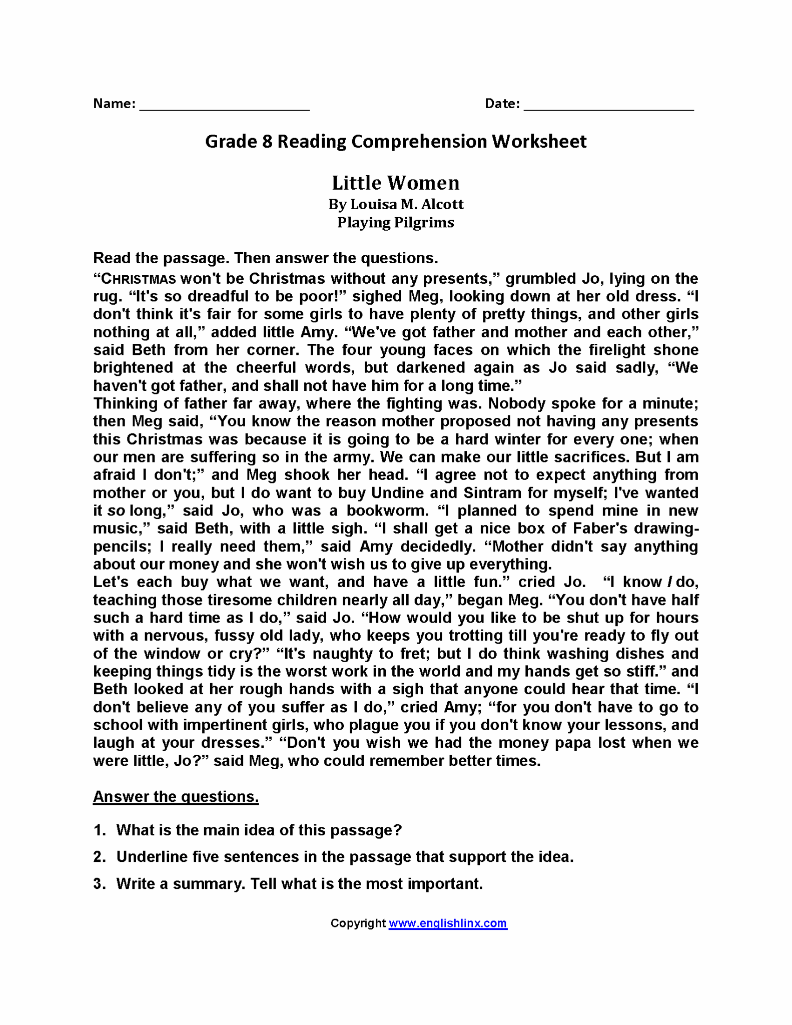 8th Grade Reading Comprehension Practice Worksheets - Reading ...