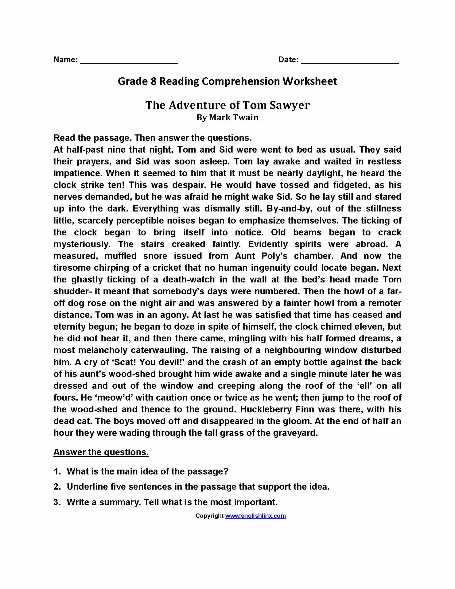 Reading Comprehension Grade 8 Worksheets - Reading Comprehension Worksheets