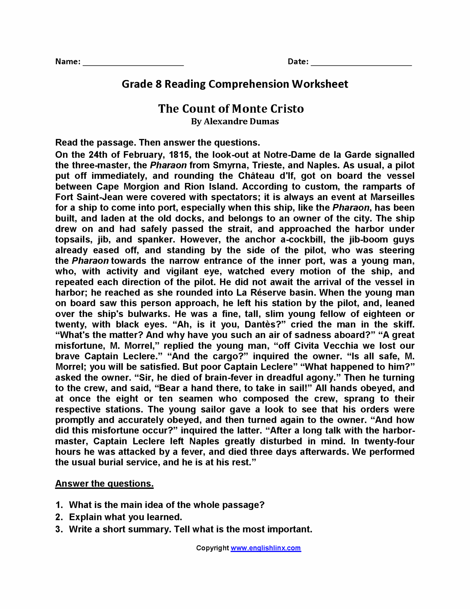 Free Reading Comprehension 8th Grade Worksheets - Reading Comprehension ...