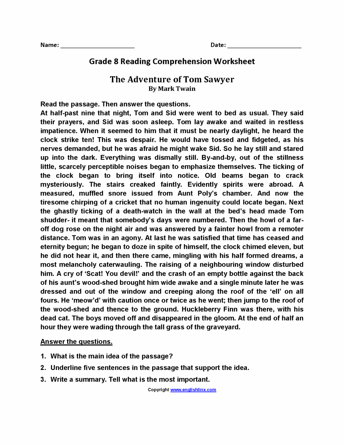 Reading Comprehension Practice Worksheets 8th Grade - Reading ...
