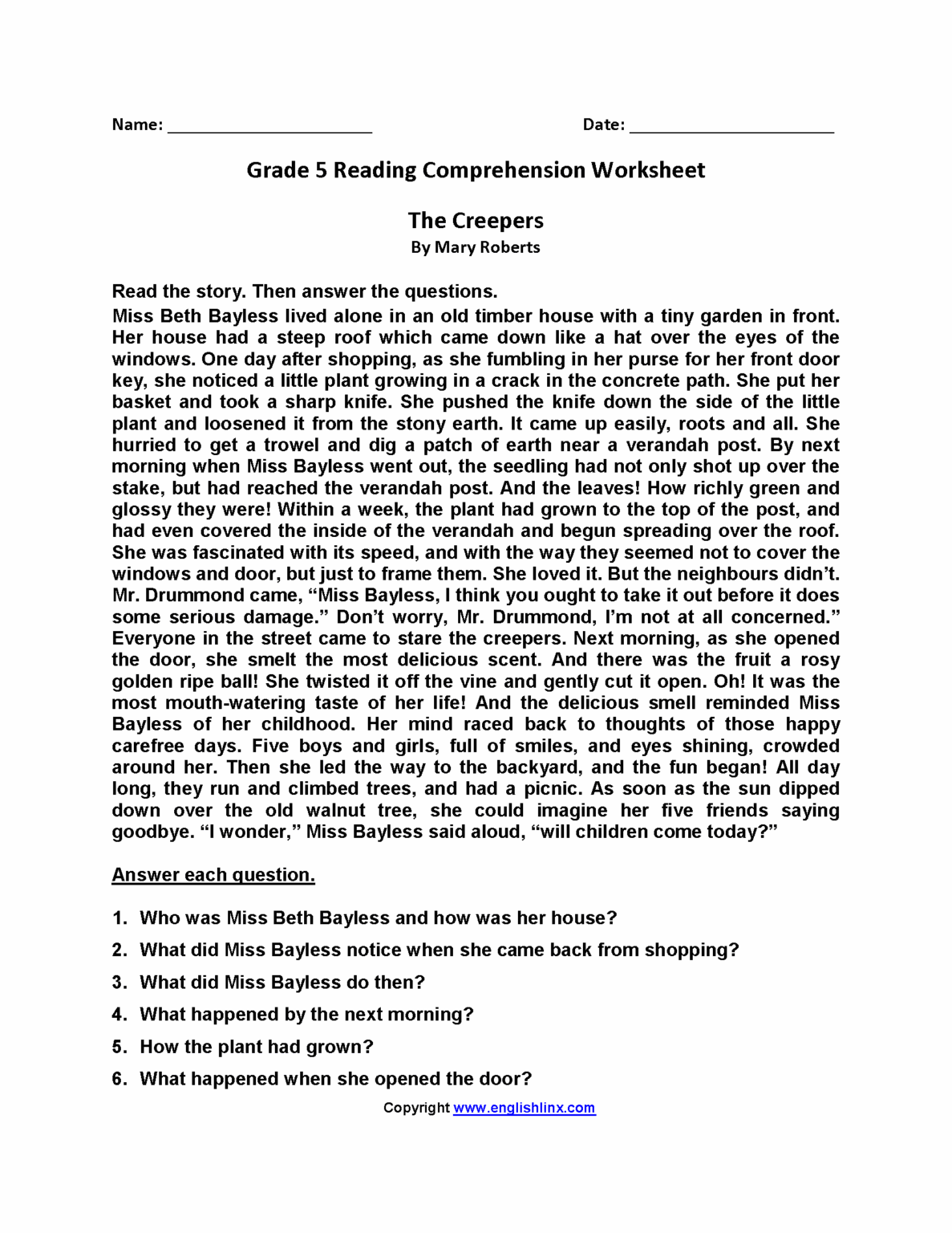 Reading Comprehension Worksheets Pdf Grade 5 - Reading Comprehension ...