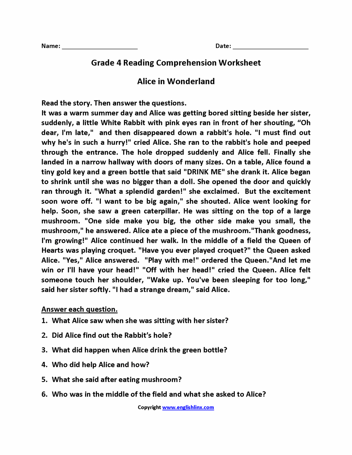 Reading Comprehension Worksheets 4th Grade Level - Reading ...