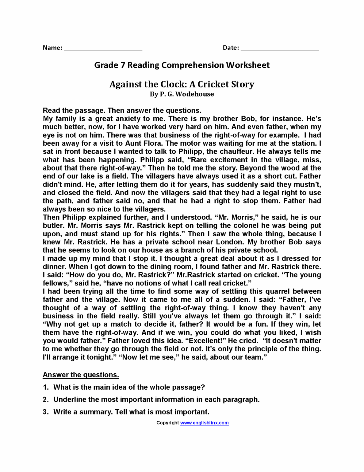 Free Reading Comprehension Worksheets Grade 7 - Reading Comprehension ...