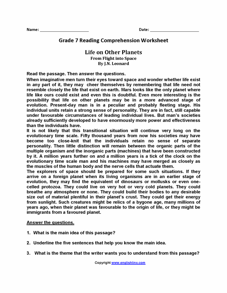 Grade 7 Reading Comprehension Worksheets Printable - Reading ...