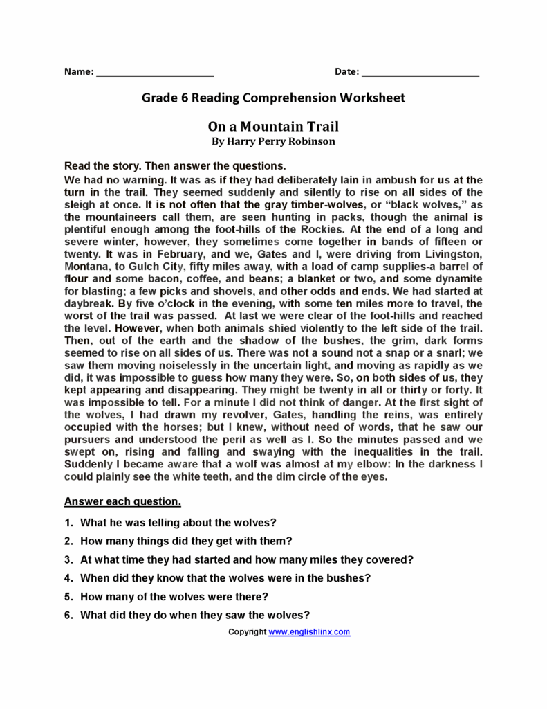 Reading Comprehension Worksheet Grade 6 - Reading Comprehension Worksheets