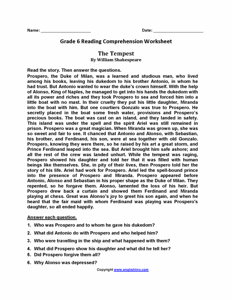 Year 6 Reading Comprehension Worksheets Pdf - Reading Comprehension ...