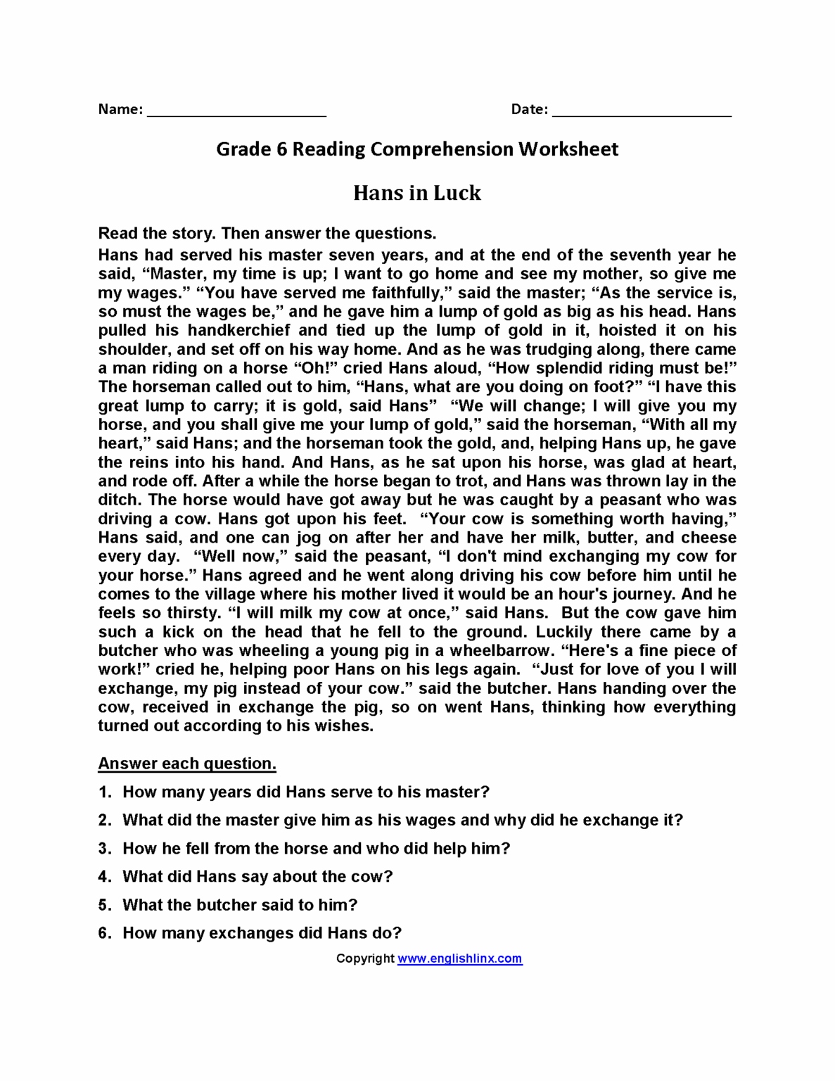 Year 6 Reading Comprehension Worksheets Free - Reading Comprehension ...