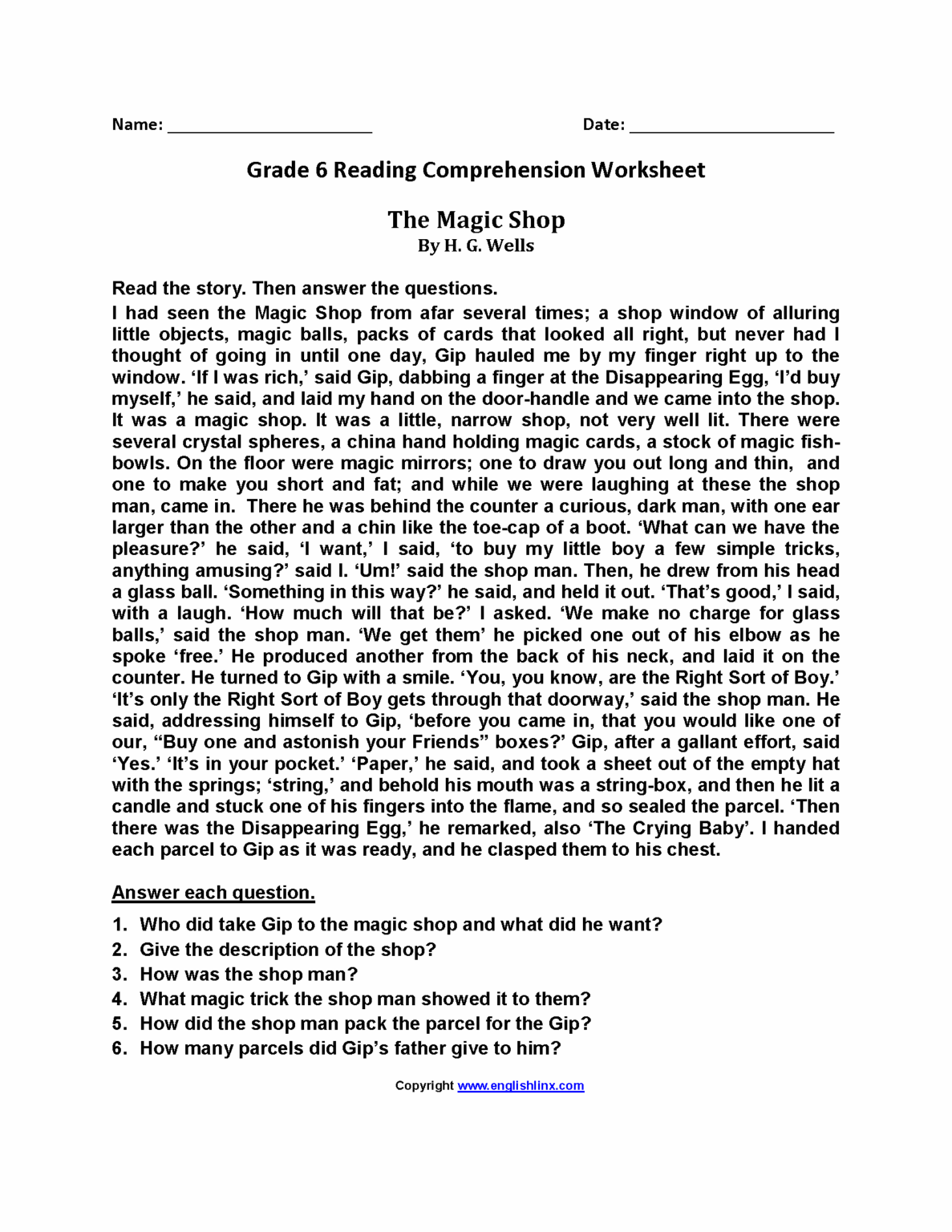 Grade 6 Reading Comprehension Worksheets Printable - Reading ...
