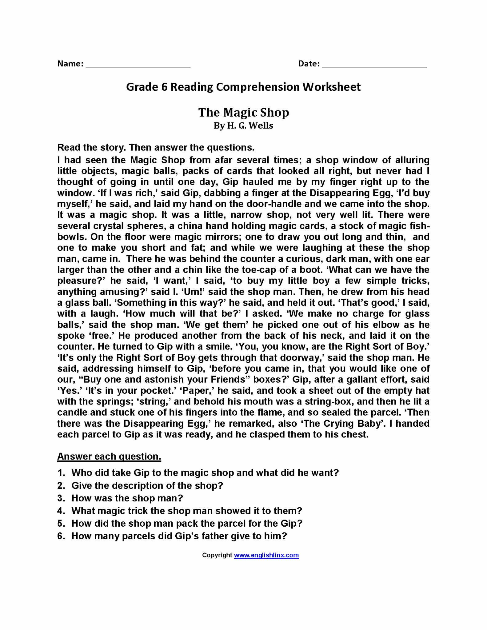 Grade 6 Reading Comprehension Worksheets Printable - Reading ...