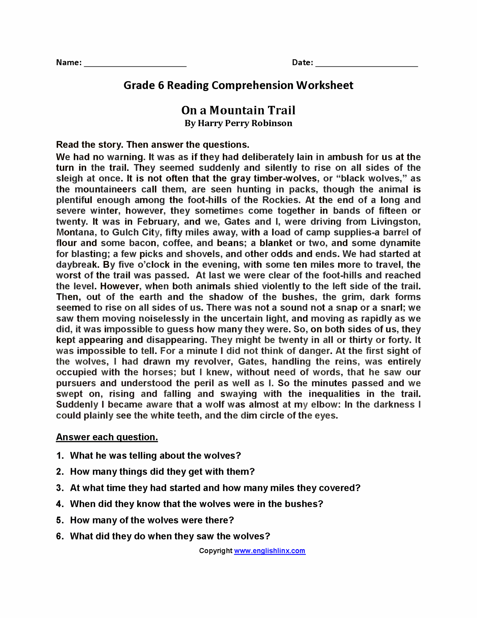 Printable 6th Grade Reading Comprehension Worksheets - Reading ...