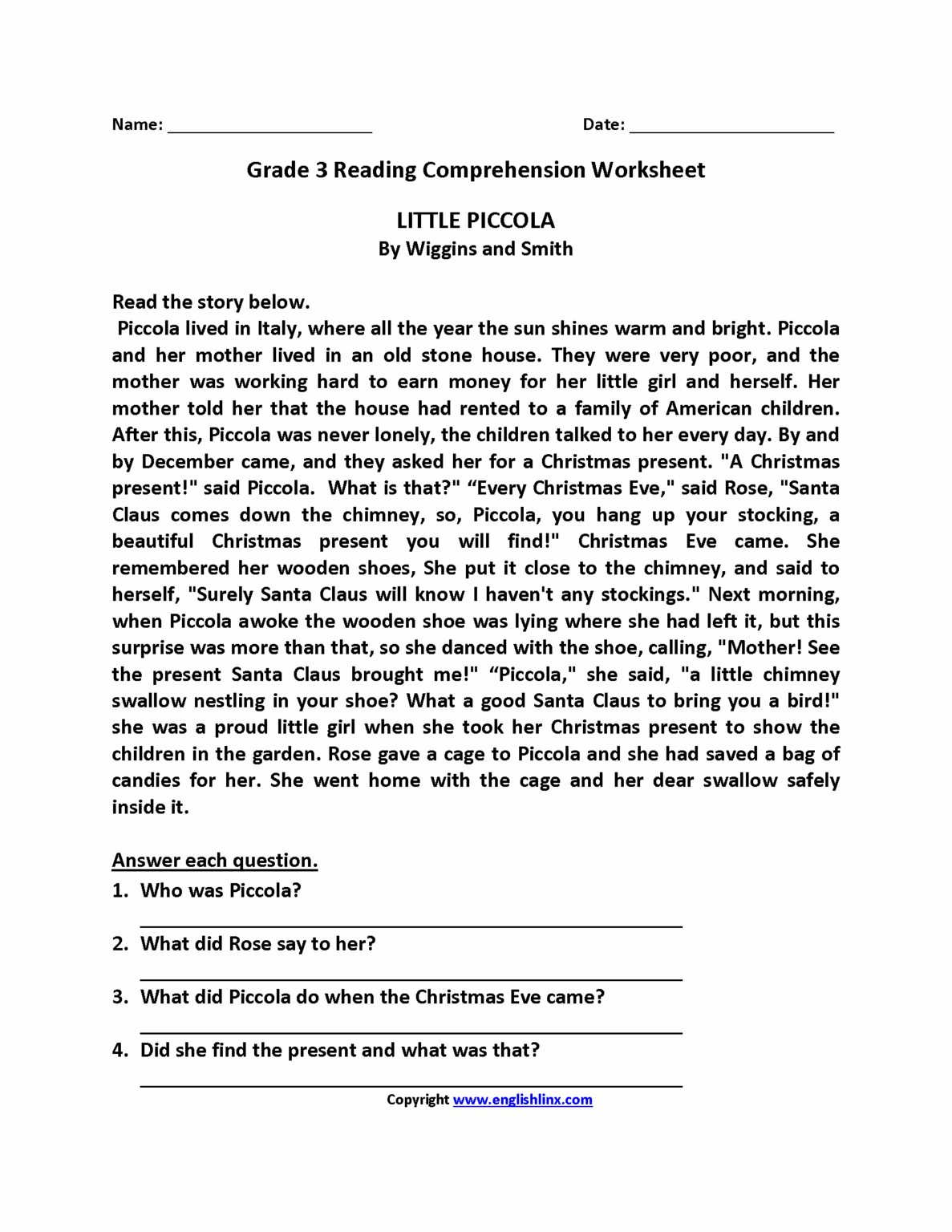 3rd Grade Level Reading Comprehension Worksheets - Reading ...