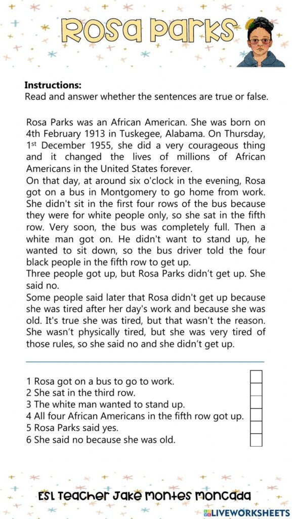 Free Rosa Parks Reading Comprehension Worksheets - Reading ...