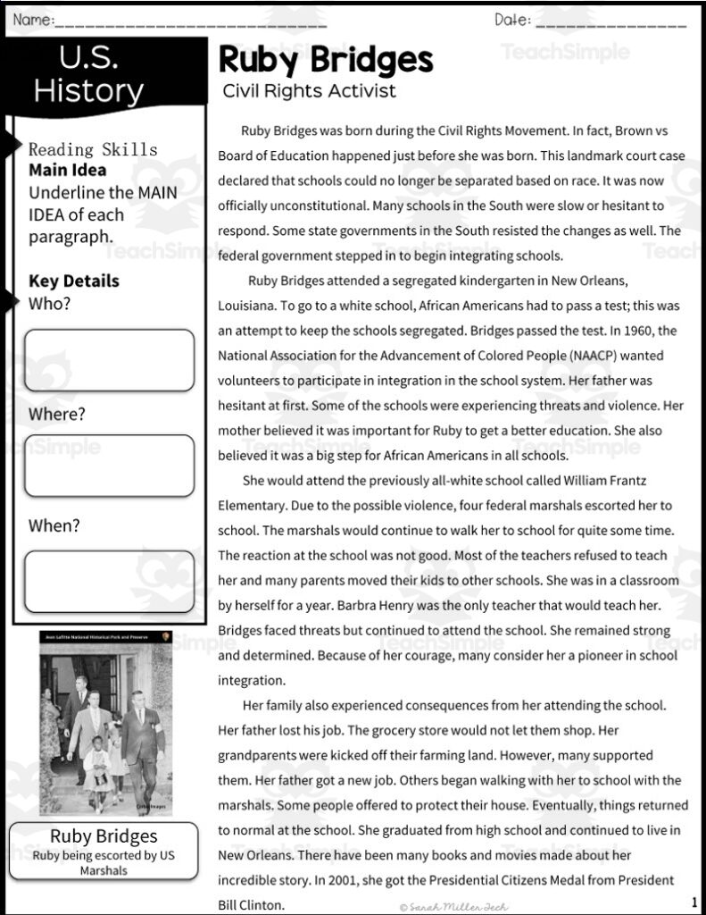 Ruby Bridges Reading Comprehension Worksheet - Reading Comprehension ...
