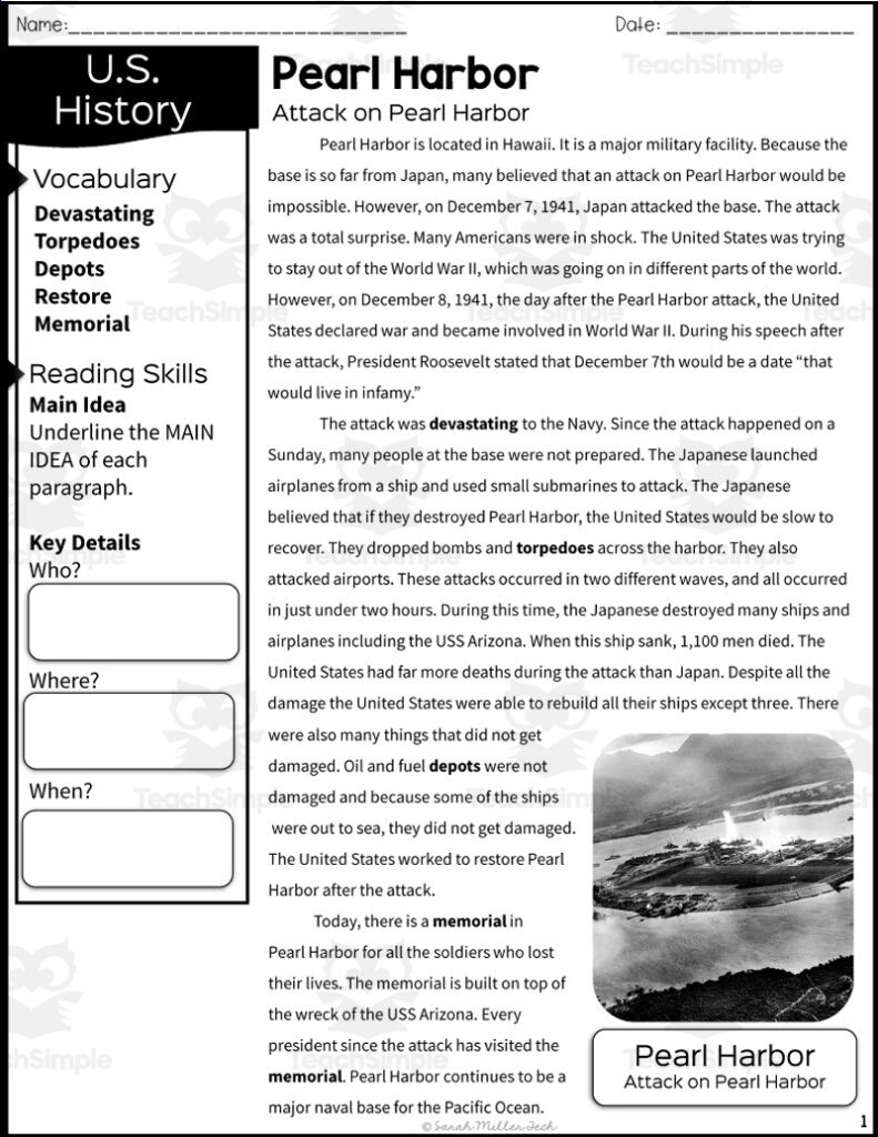 Pearl Harbor Day Reading Comprehension Worksheets - Reading ...