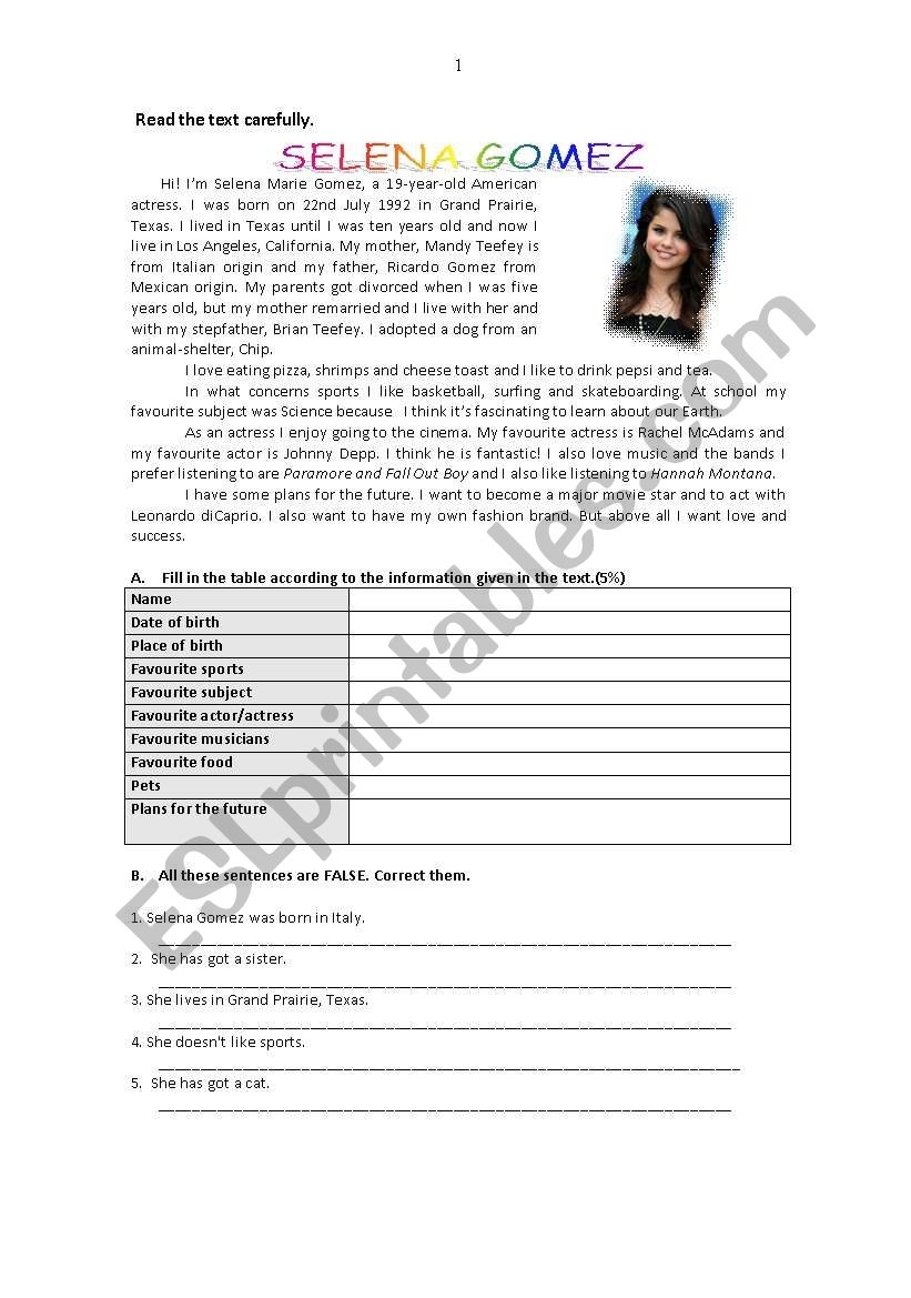Selena Gomez Reading Comprehension Worksheet - Reading Comprehension ...