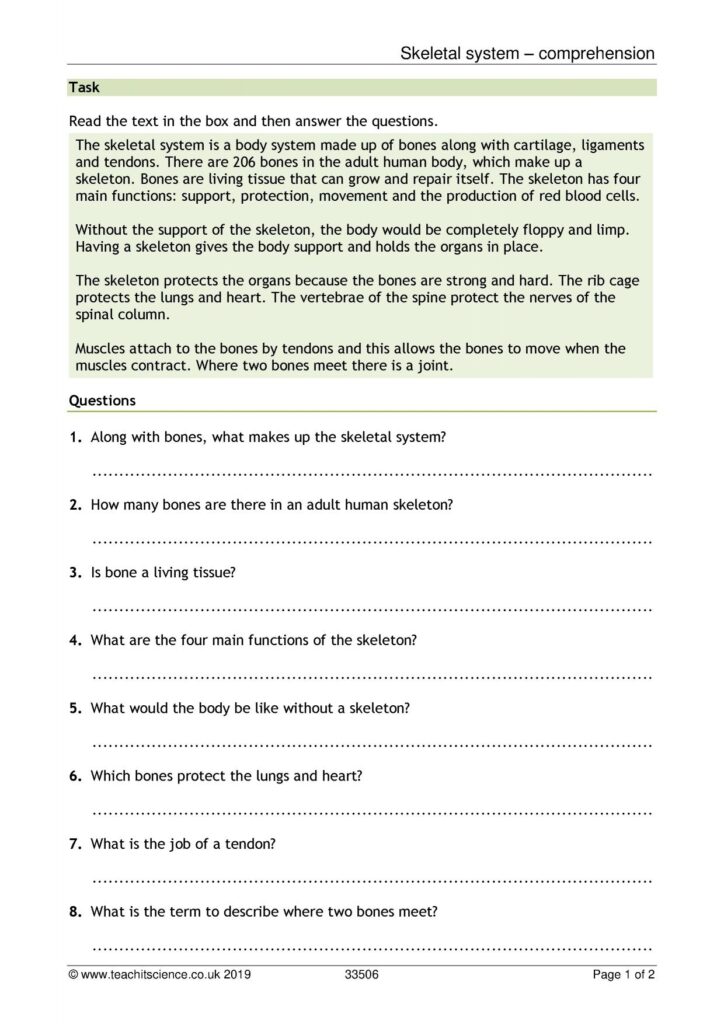 Skeleton Worksheet Pdf Reading Comprehension - Reading Comprehension ...