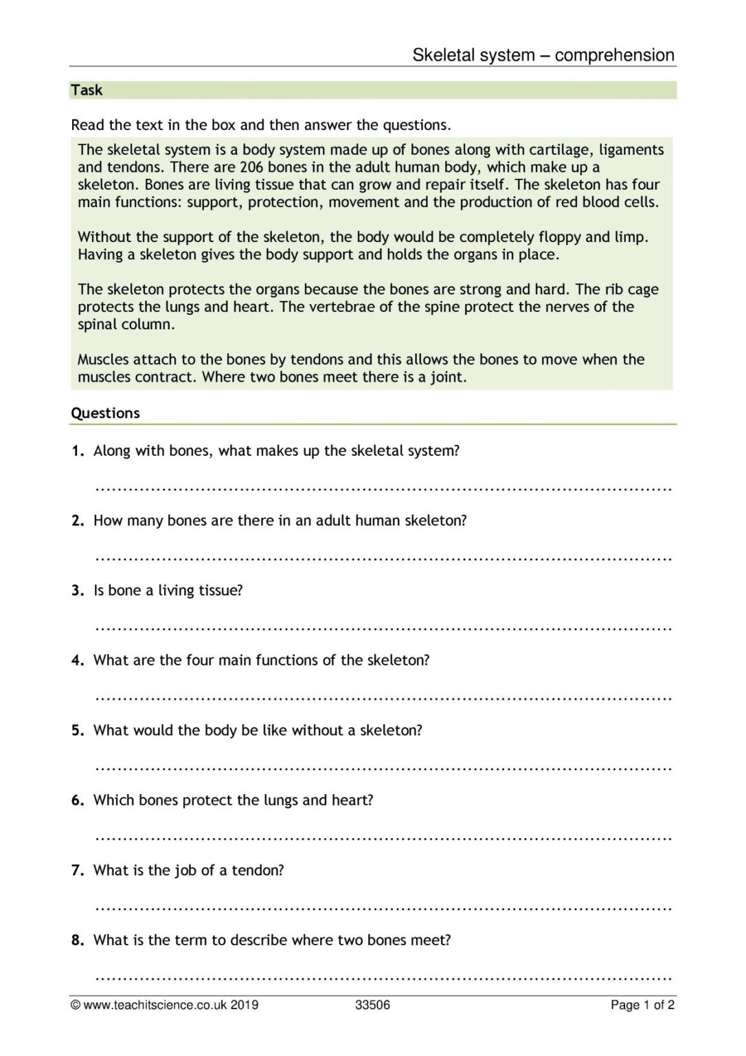 Skeletal System Reading Comprehension Worksheet - Reading Comprehension ...
