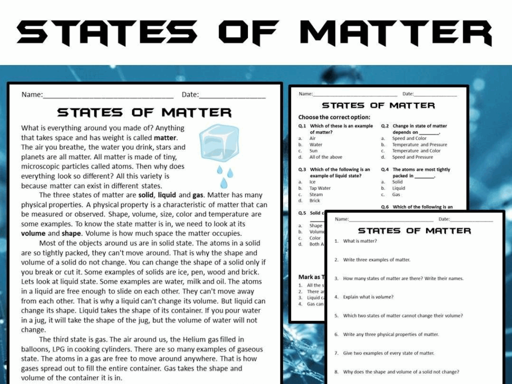 States Of Matter Reading Comprehension Worksheet - Reading ...