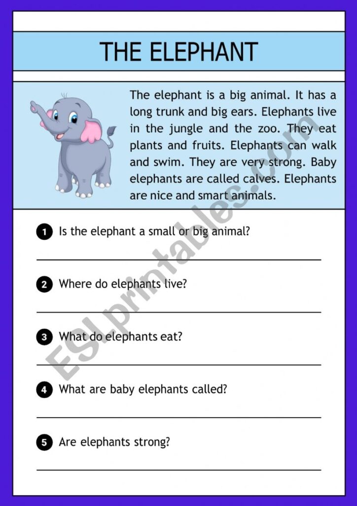 Elephants Reading Comprehension Worksheet - Reading Comprehension ...