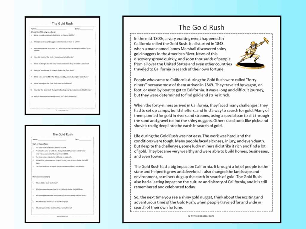 Gold Rush Reading Comprehension Worksheet - Reading Comprehension ...