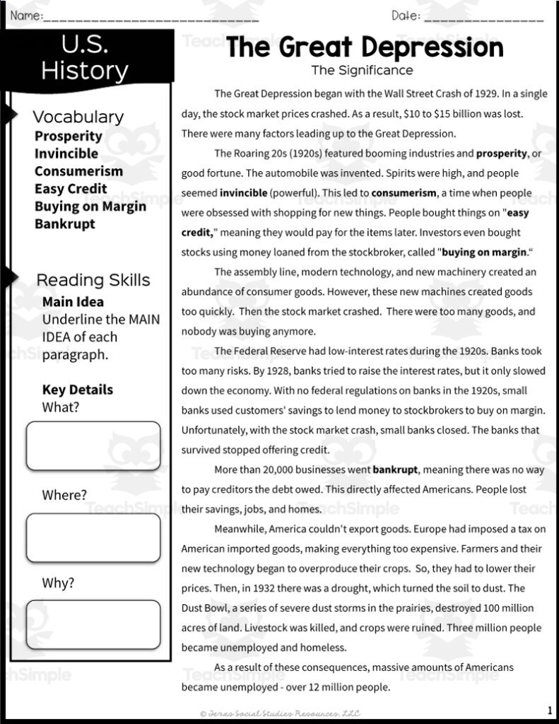 Great Depression Reading Comprehension Worksheet - Reading ...