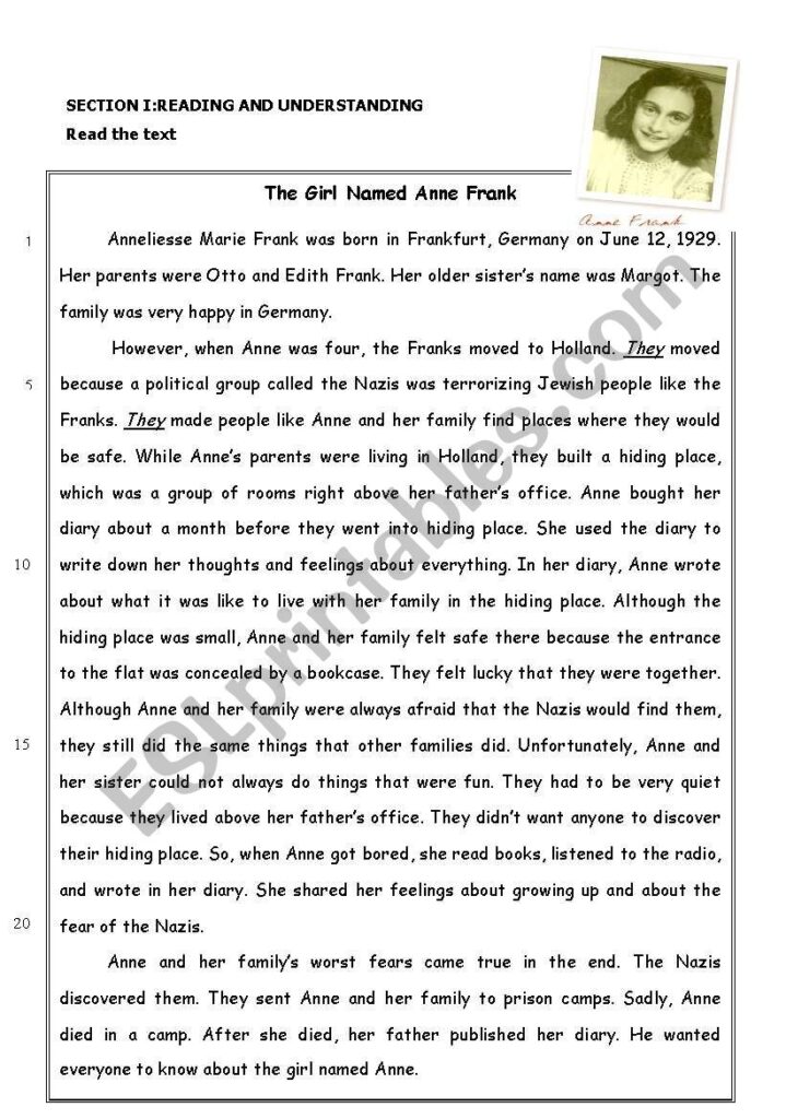 Anne Frank Reading Comprehension Worksheets - Reading Comprehension ...