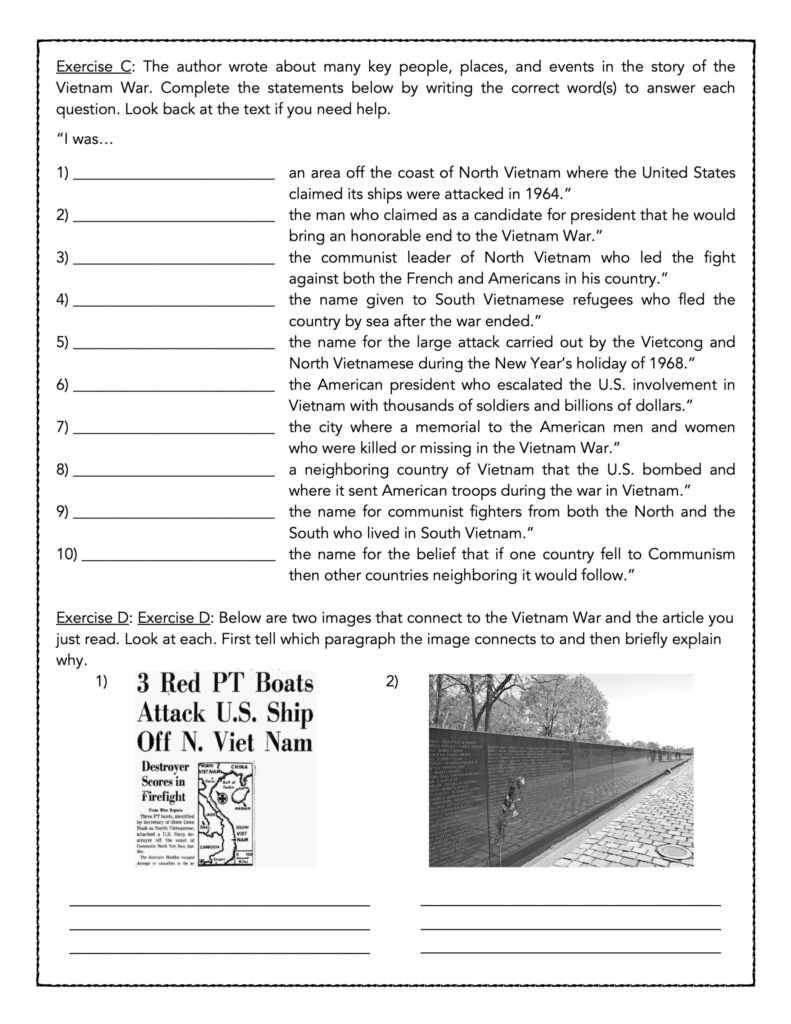 Vietnam War Reading Comprehension Worksheets - Reading Comprehension ...