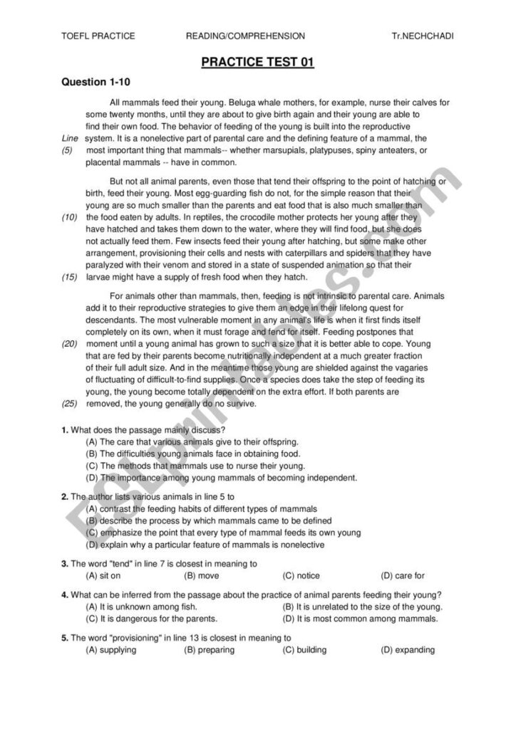 Reading Comprehension Worksheets Toefl - Reading Comprehension Worksheets