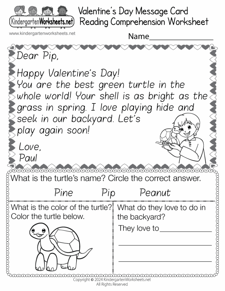 Kindergarten Valentine Reading Comprehension Worksheet - Reading ...