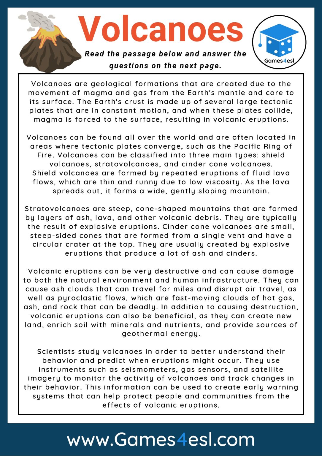 Free Volcano Reading Comprehension Worksheets - Reading Comprehension ...