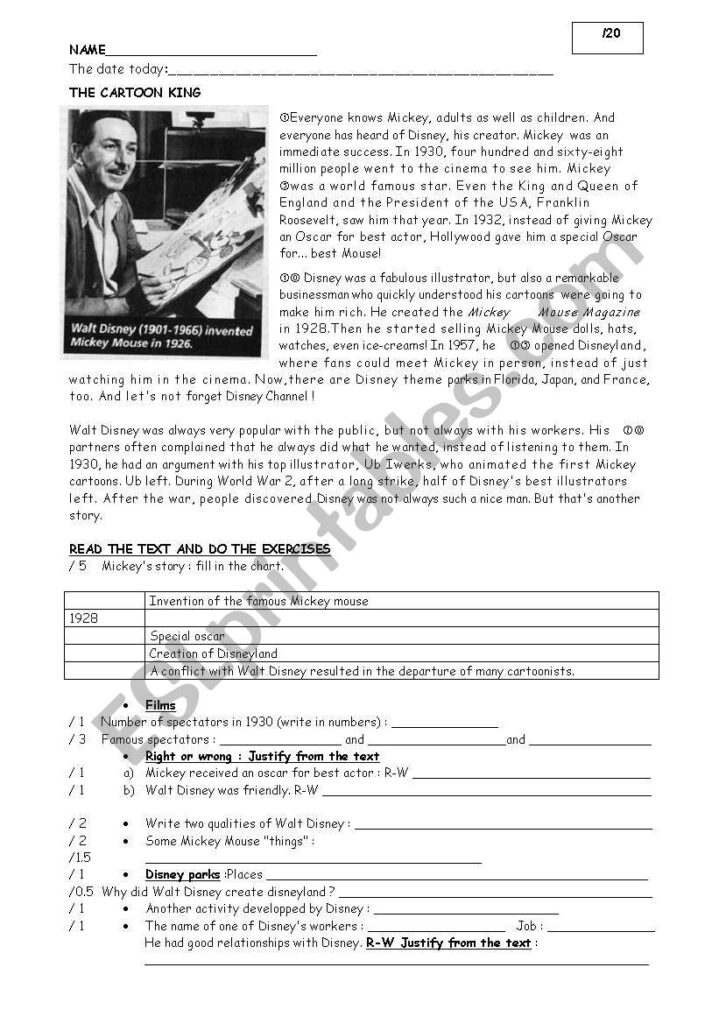 Walt Disney Reading Comprehension Worksheet Doc - Reading Comprehension ...