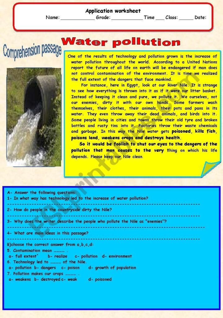 Water Pollution Reading Comprehension Worksheet Pdf - Reading ...