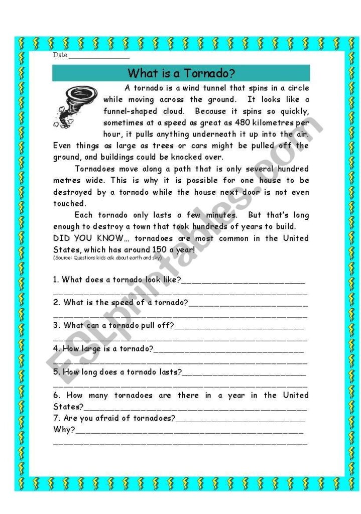 Reading Comprehension Worksheets Tornadoes - Reading Comprehension ...